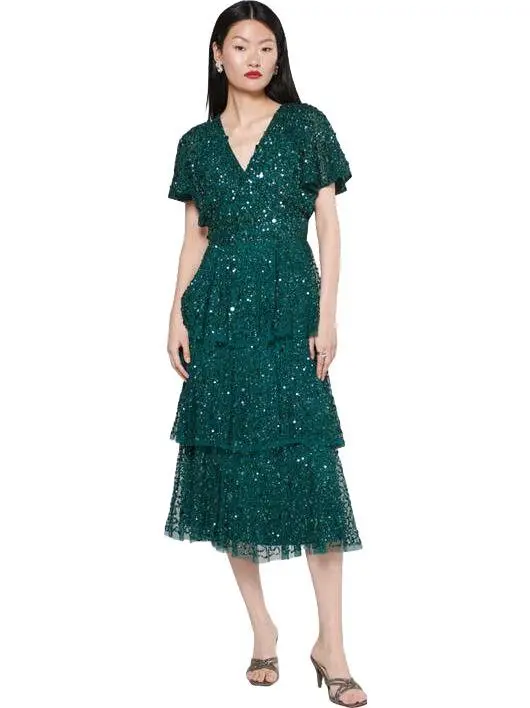 BEAUUT Embellished Beaded Midi Dress - Emerald Green