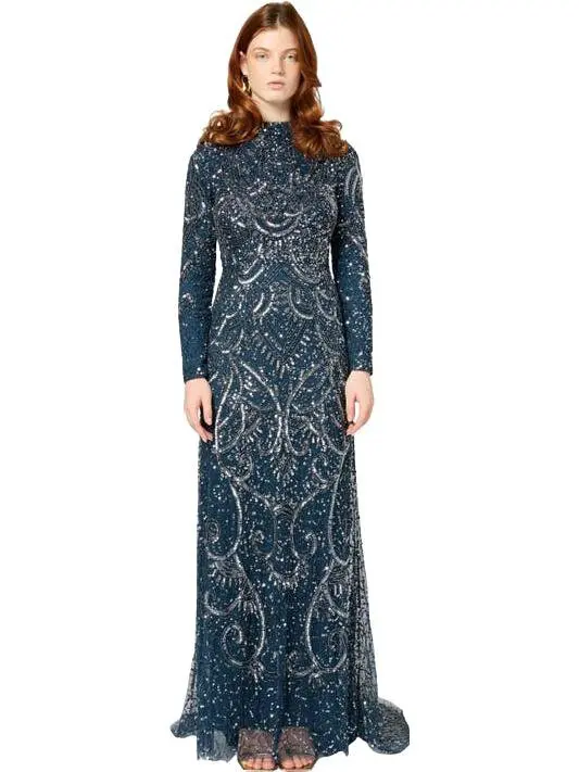 MARYISA Occasion Embellished High Neck Evening Maxi Dress - Navy