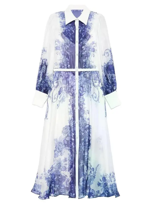 NISSA Printed Organza Midi Shirt Dress - White
