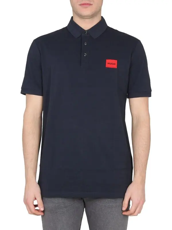 Hugo Cotton Polo Shirt With Contrasting Logo And Three-button Placket - Blue