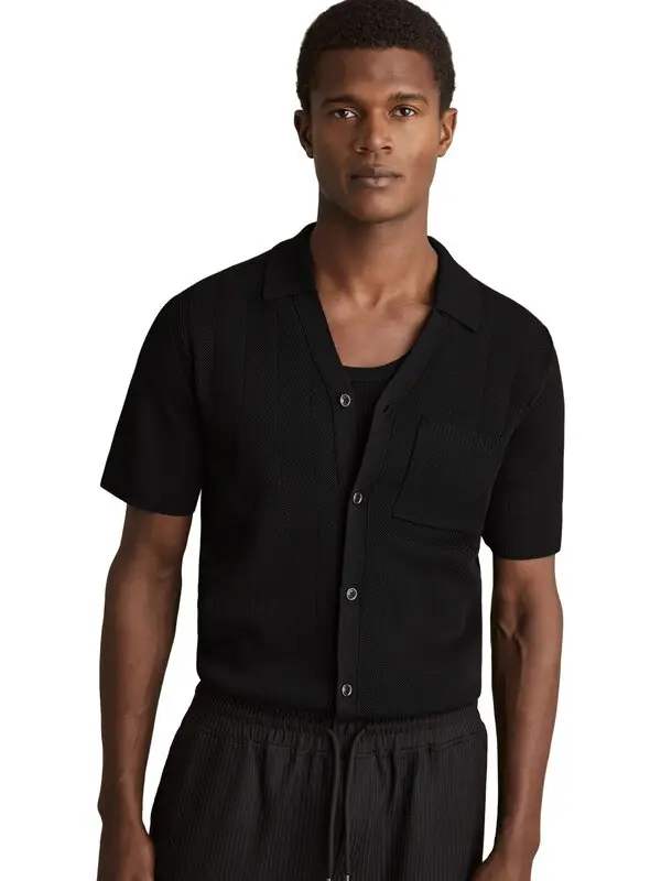 REISS Fallon V-neck Collar Textured-knit Shirt - Black