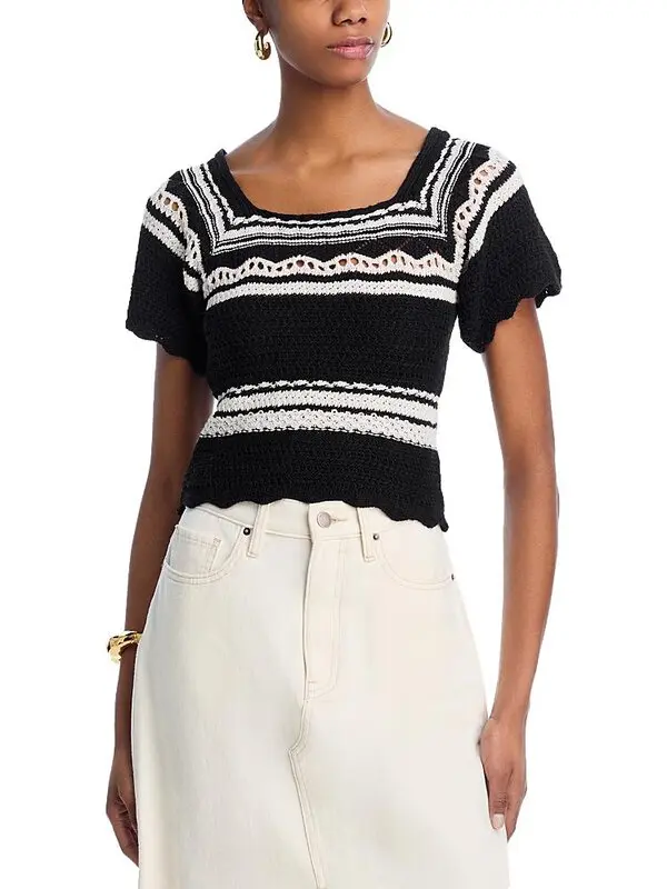 Vintage Havana Crochet Short Sleeve Sweater - Black/ivory