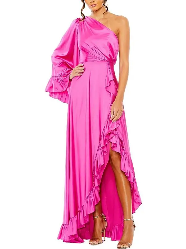 Mac Duggal Long Sleeve Asymmetrical Ruffle Hem Gown - Magenta