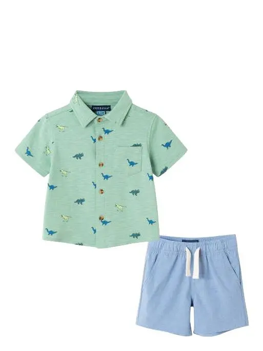 Andy & Evan Dino Print Shirt And Shorts Set - Light Green