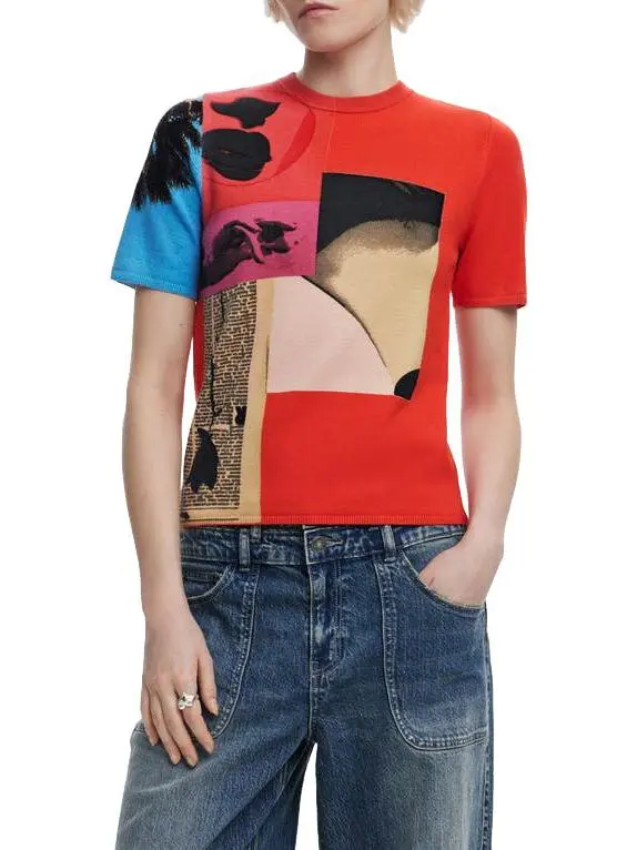Desigual Collage Print Knit Top - Orange Red