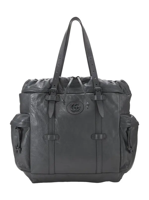 Gucci Leather Double G Drawstring Tote - Grey