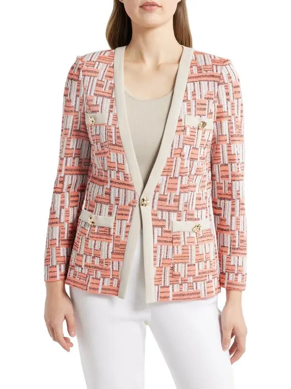 Ming Wang Geo Jacquard Cardigan - Orange Burst/ Limestone Multi