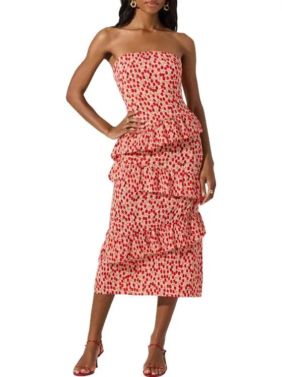 Astr The Label Plissé Asymmetric Tiered Ruffle Strapless Midi Dress - Cherry Print