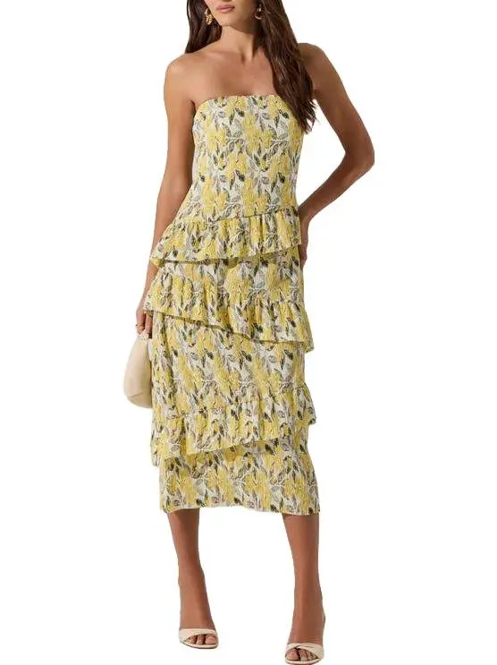 Astr The Label Plissé Asymmetric Tiered Ruffle Strapless Midi Dress - Lemon Print Floral
