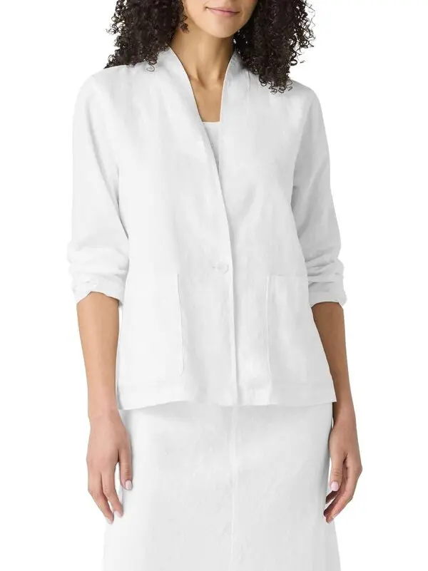 Eileen Fisher High Collar Organic Linen Jacket - White