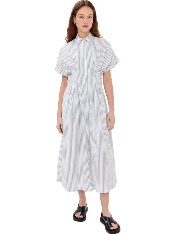 LE BOP Roberta Button-down Midi Dress - White Pinstripe