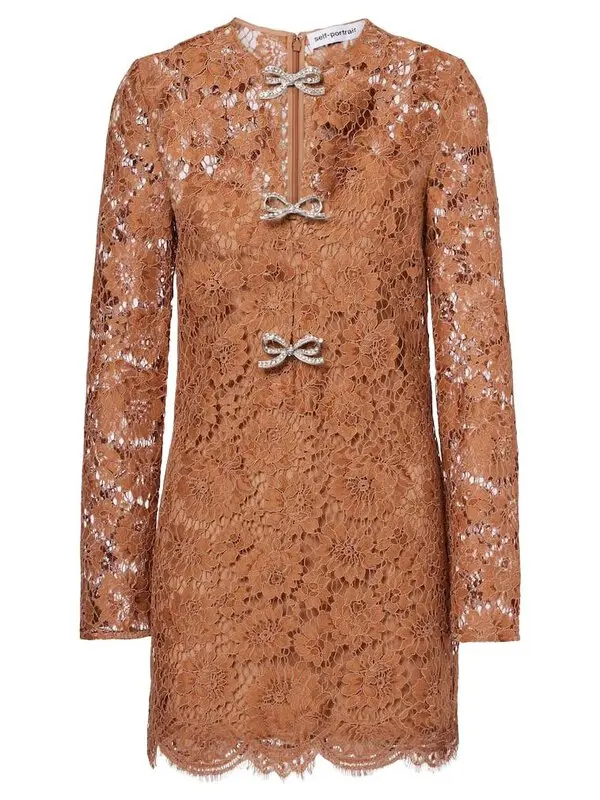 SELF-PORTRAIT Embellished Bow-detail Lace Minidress - Brown