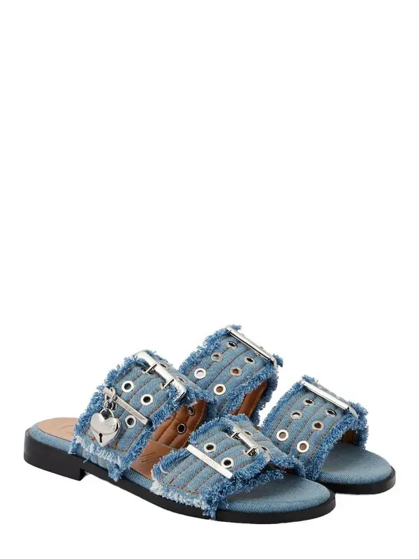 GANNI Fringed Denim Sandals - Blue