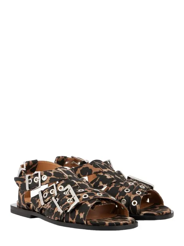 GANNI Leopard-print Buckled Sandals - Brown