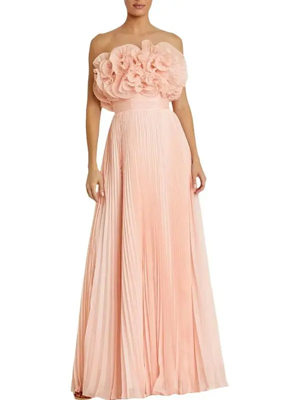 Mac Duggal Pleated Chiffon Strapless Gown With Ruffles - Blush