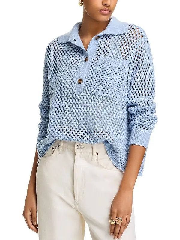 Aqua Open Stitch Crochet Polo Sweater - Sky