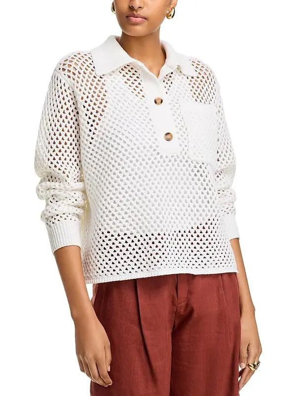 Aqua Open Stitch Crochet Polo Sweater - White