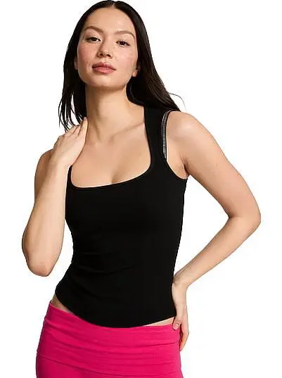 Pink All-day Soft Rib Square-neck Tank Top - Black