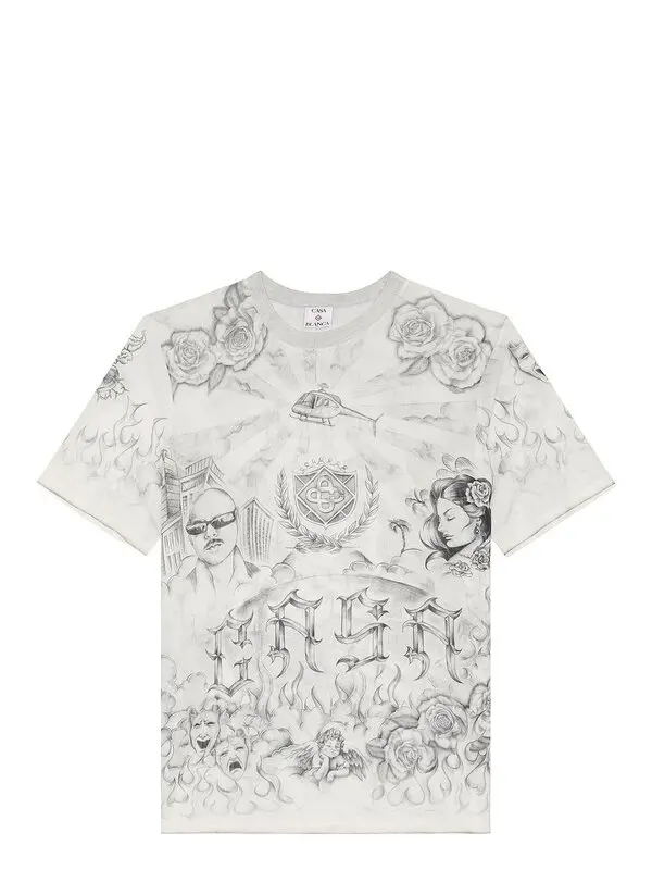 Casablanca Short Sleeve Printed Mesh Top In White - Tattoo