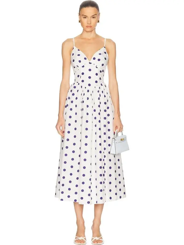 NICHOLAS Becker Princess Waist Midi Dress - Ivory Navy Polka Dot