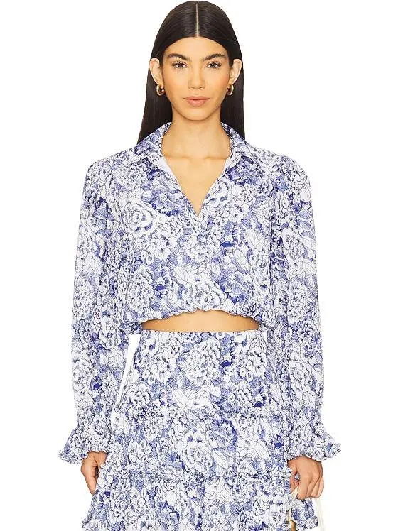 Cinq À Sept Floral Zendaya Top - White & Dark Cerulean