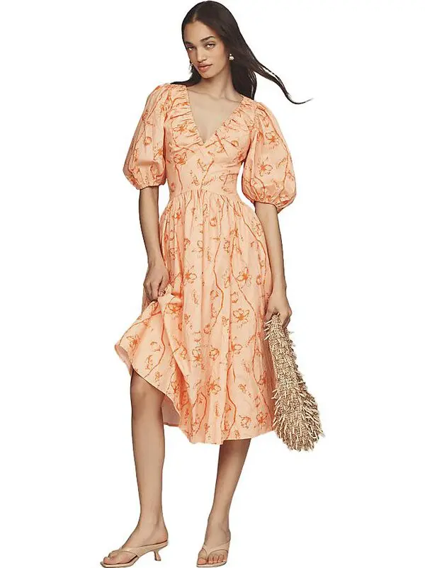 HUTCH Madilyn Puff-sleeve V-neck Midi Dress - Light Orange
