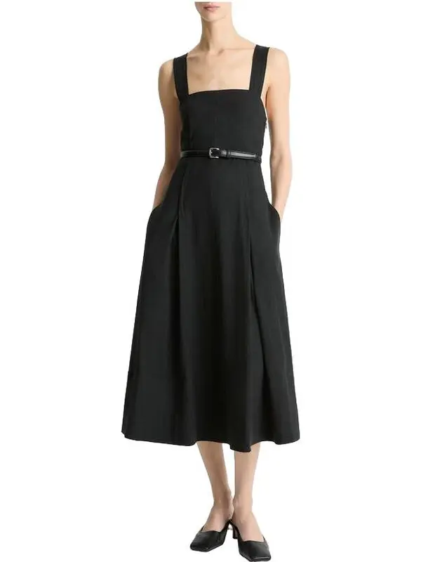 Vince Linen-blend Square-neck A-line Dress - Black
