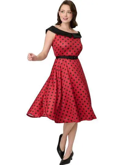 Unique Vintage Off-the-shoulder Knit Swing Dress - Red And Black Dots