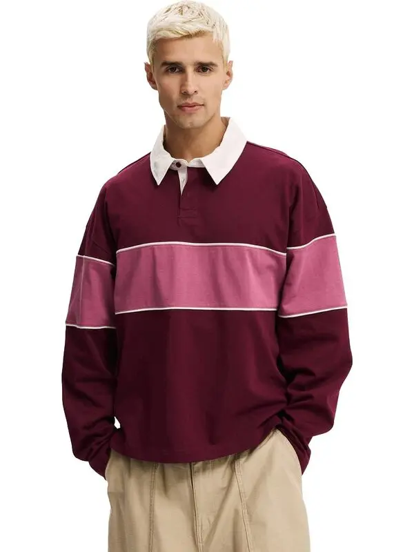 COTTON ON Cropped Fit Rugby Polo - Velvet Plum Rose Panel