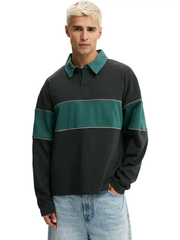 COTTON ON Cropped Fit Rugby Polo - Washed Black Green Panel