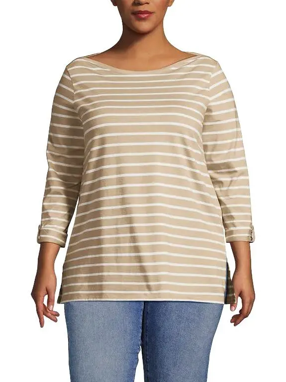 LANDS' END Supima Cotton Adjustable 3/4 Sleeve Boatneck Tunic - Champagne/ivory Breton Stripe