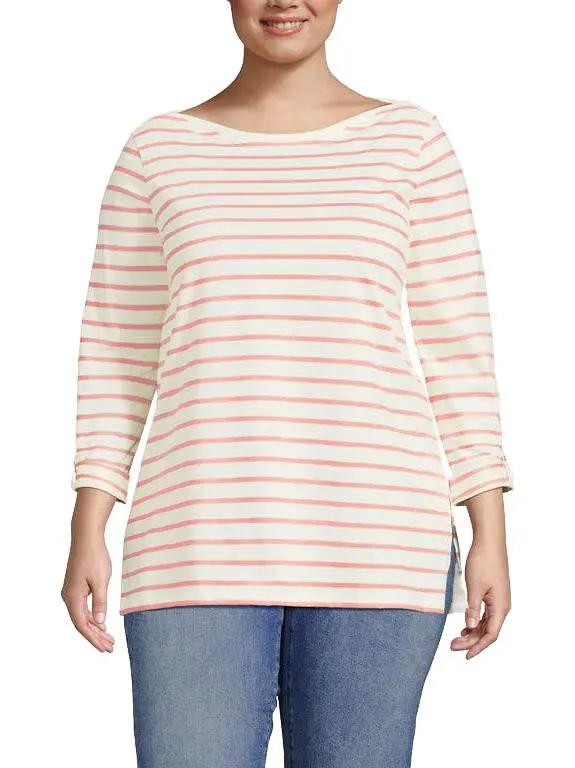 LANDS' END Supima Cotton Adjustable 3/4 Sleeve Boatneck Tunic - Ivory/peach Breton Stripe