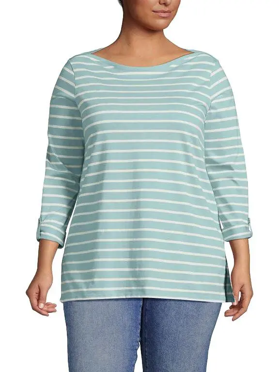 LANDS' END Supima Cotton Adjustable 3/4 Sleeve Boatneck Tunic - Misty Aqua/ivory Breton Stripe