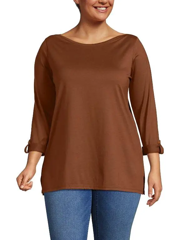 LANDS' END Supima Cotton Adjustable 3/4 Sleeve Boatneck Tunic - Rich Ginger Brown