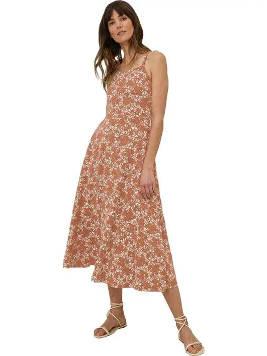 PACT Organic Cotton Fit & Flare Midi Dress - Bouquet Blooms Ochre
