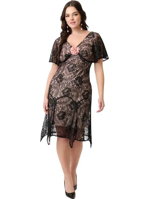 Unique Vintage 1920s Lace Flapper Dress - Black & Peach