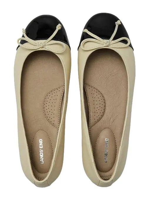 LANDS' END Leather Cap Toe Ballet Flats - Ivory/black