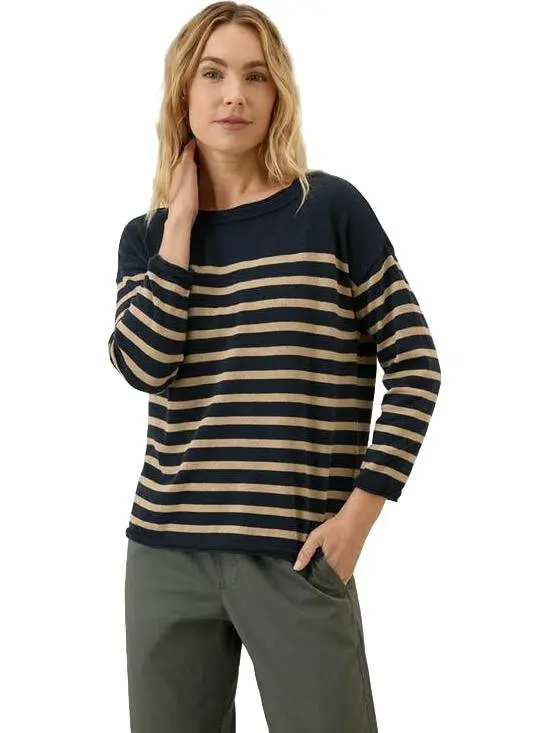 PACT Organic Cotton Classic Fine Knit Wide Neck Sweater - Encinitas Stripe Midnight Blue