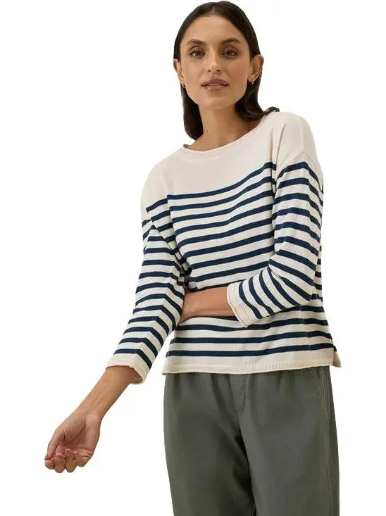 PACT Organic Cotton Classic Fine Knit Wide Neck Sweater - Navy Laguna Stripe
