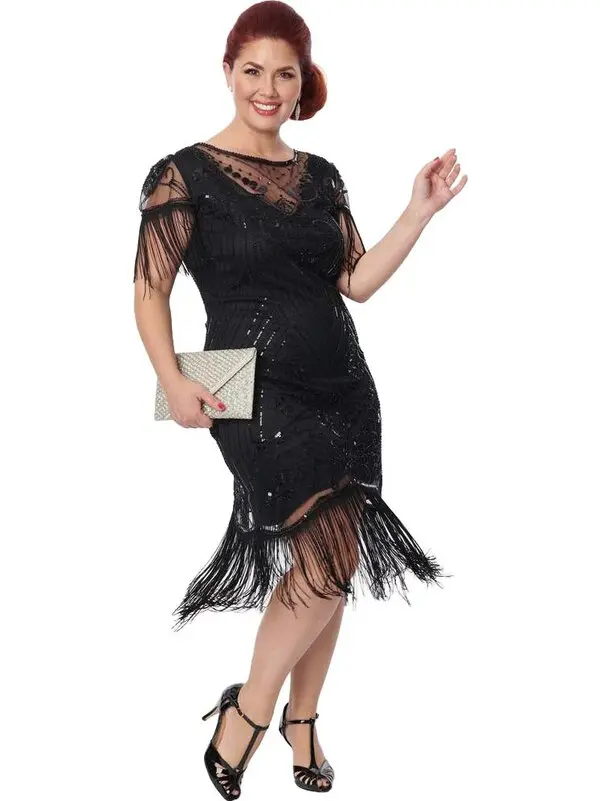 Unique Vintage Beaded Nadine Fringe Flapper Dress - Black Beaded