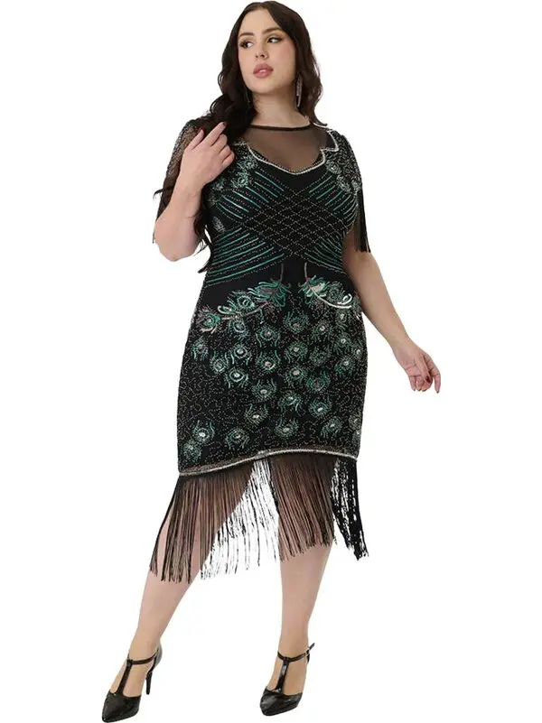 Unique Vintage Beaded Nadine Fringe Flapper Dress - Black