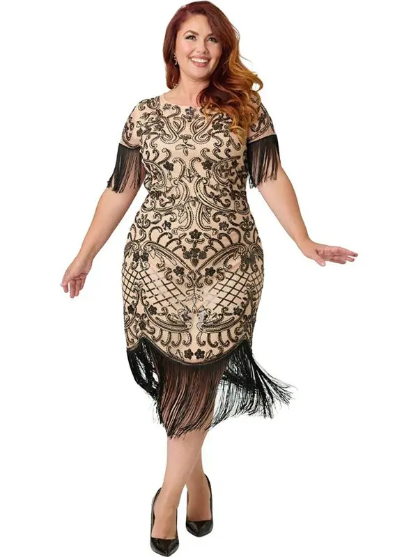 Unique Vintage Beaded Nadine Fringe Flapper Dress - Black/beige