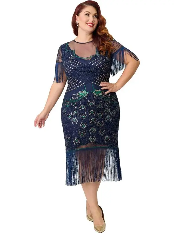 Unique Vintage Beaded Nadine Fringe Flapper Dress - Blue & Green Peacock Beaded