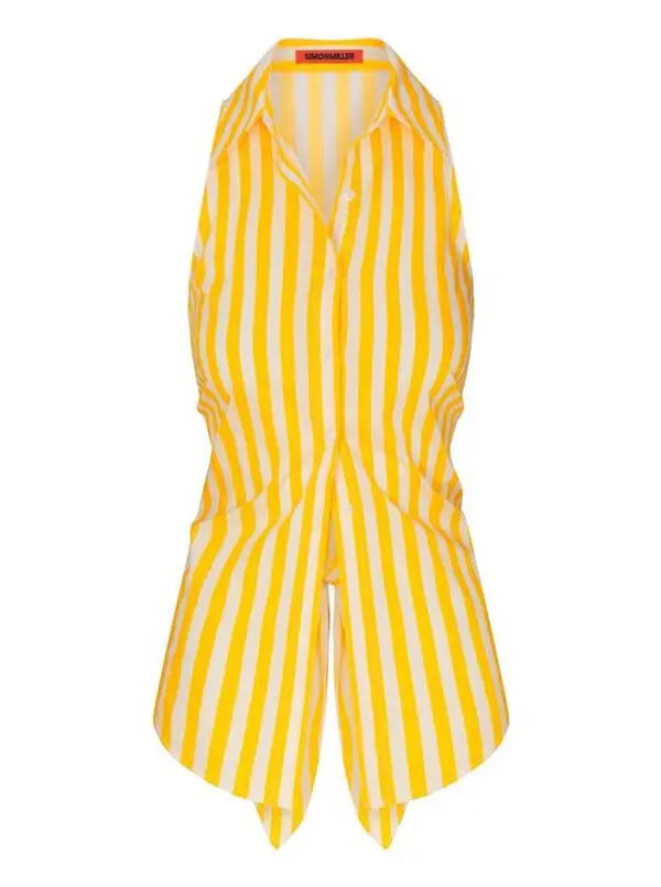 SIMONMILLER Sleeveless Printed Poplin Button-up Shirt - Sungold/ecru Stripe
