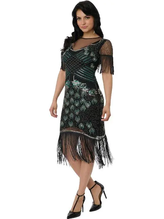 Unique Vintage Beaded Nadine Fringe Flapper Dress - Black