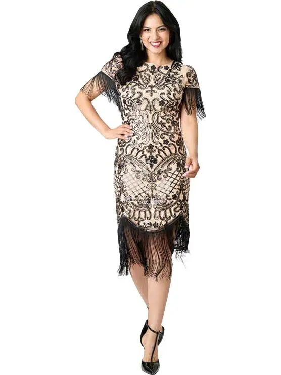 Unique Vintage Beaded Nadine Fringe Flapper Dress - Black/beige