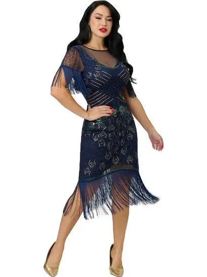 Unique Vintage Beaded Nadine Fringe Flapper Dress - Blue & Green Peacock Beaded