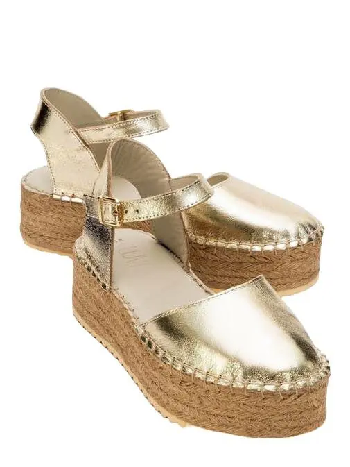 FOREVER & ALWAYS SHOES Viba Leather Espadrille Platform Wedge Sandals - Beige Suede Leather