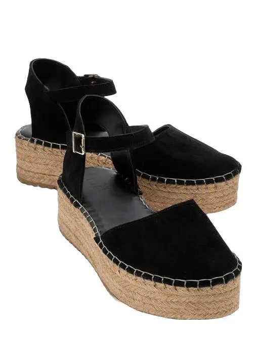FOREVER & ALWAYS SHOES Viba Leather Espadrille Platform Wedge Sandals - Black Suede Leather