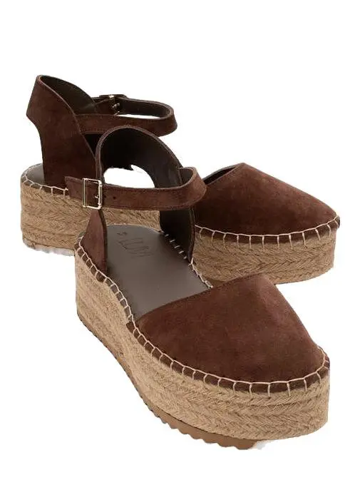 FOREVER & ALWAYS SHOES Viba Leather Espadrille Platform Wedge Sandals - Brown Suede Leather